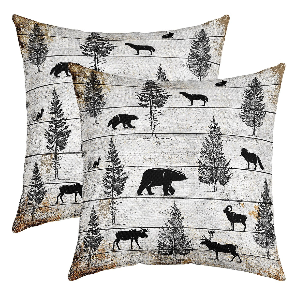 Woodland Animals Pillow Covers,Bear Elk Deer Cushion Covers Rabbit Wolf Fox Goat Rustic Wildlife ...