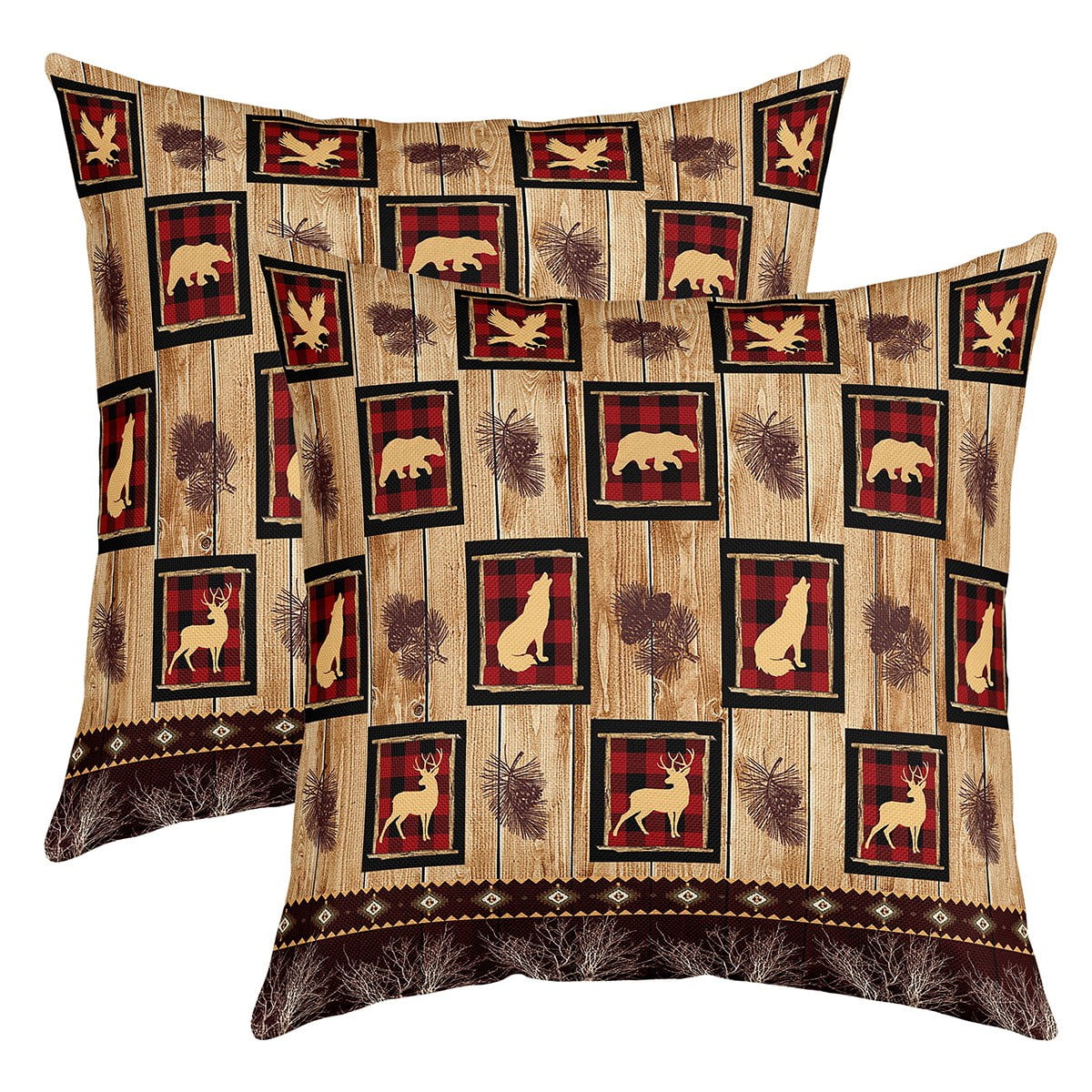Woodland Animals Pillow Covers,Lodge Cabin Buffalo Plaid Cushion Covers ...