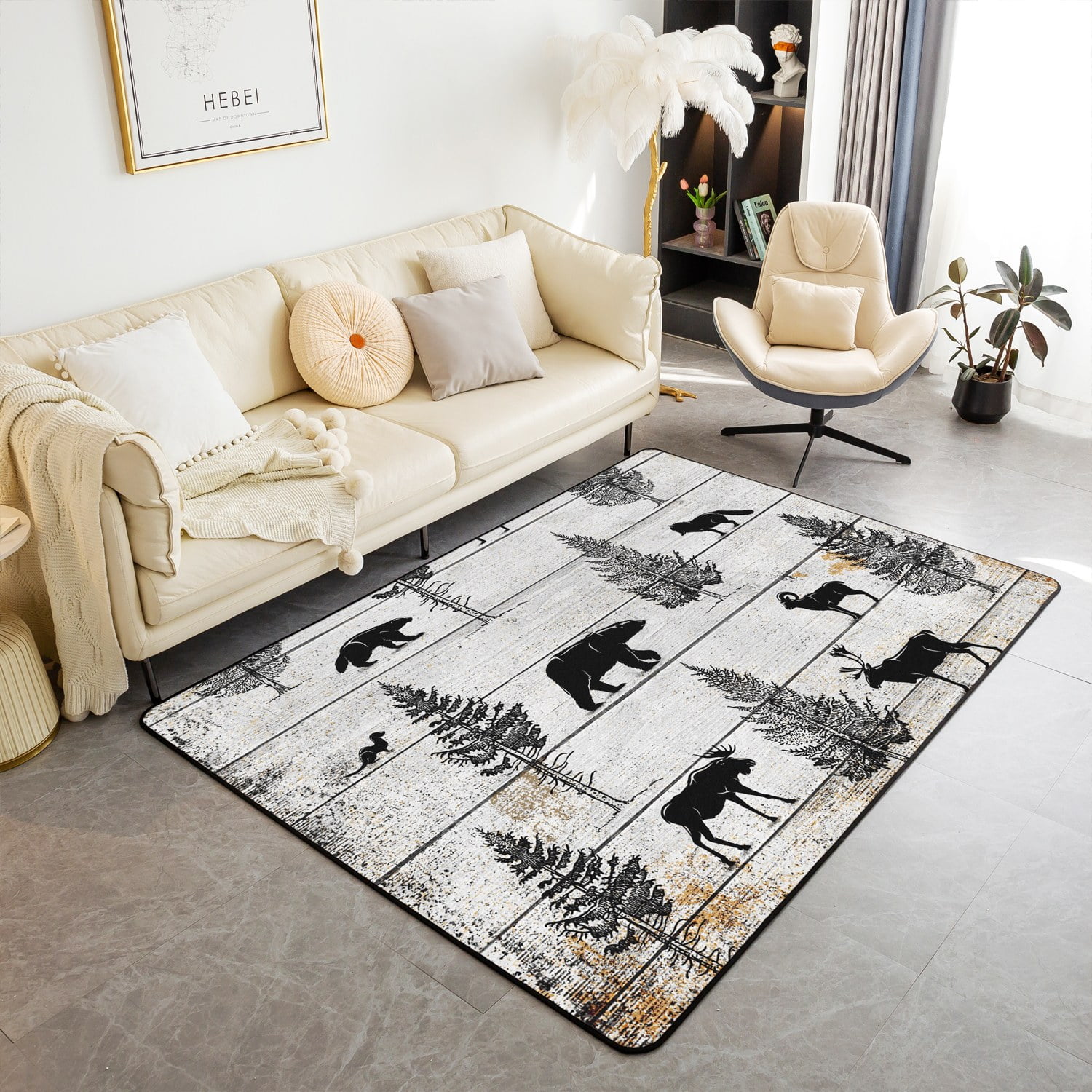 Erosebridal Woodland Animals Rug,Bear Elk Deer Non Slip Washable Carpet ...