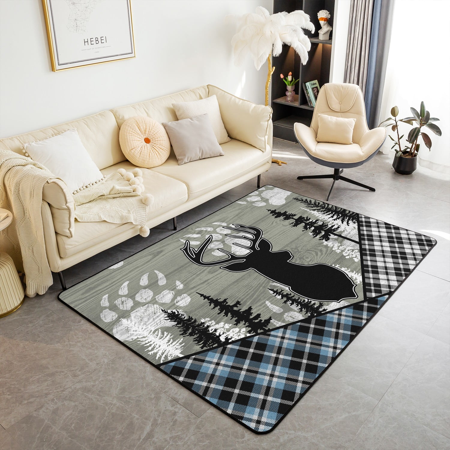 YST Woodland Deer Area Rug for Boys Girls,Blue Black Buffalo Checked ...