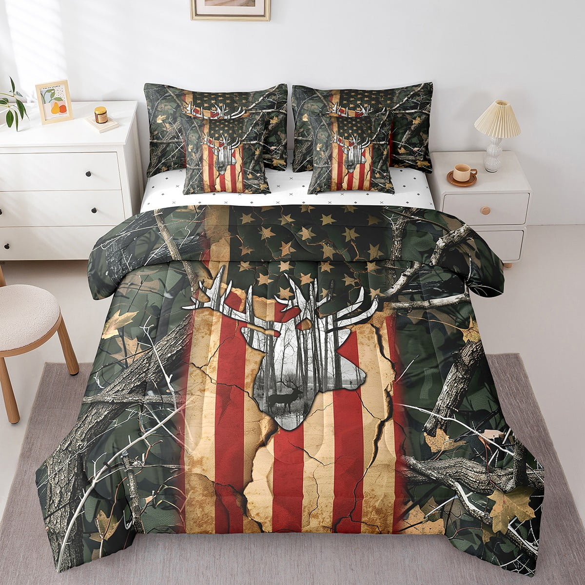 Erosebridal Woodland Deer Comforter Set Queen 7 Piece American Flag ...