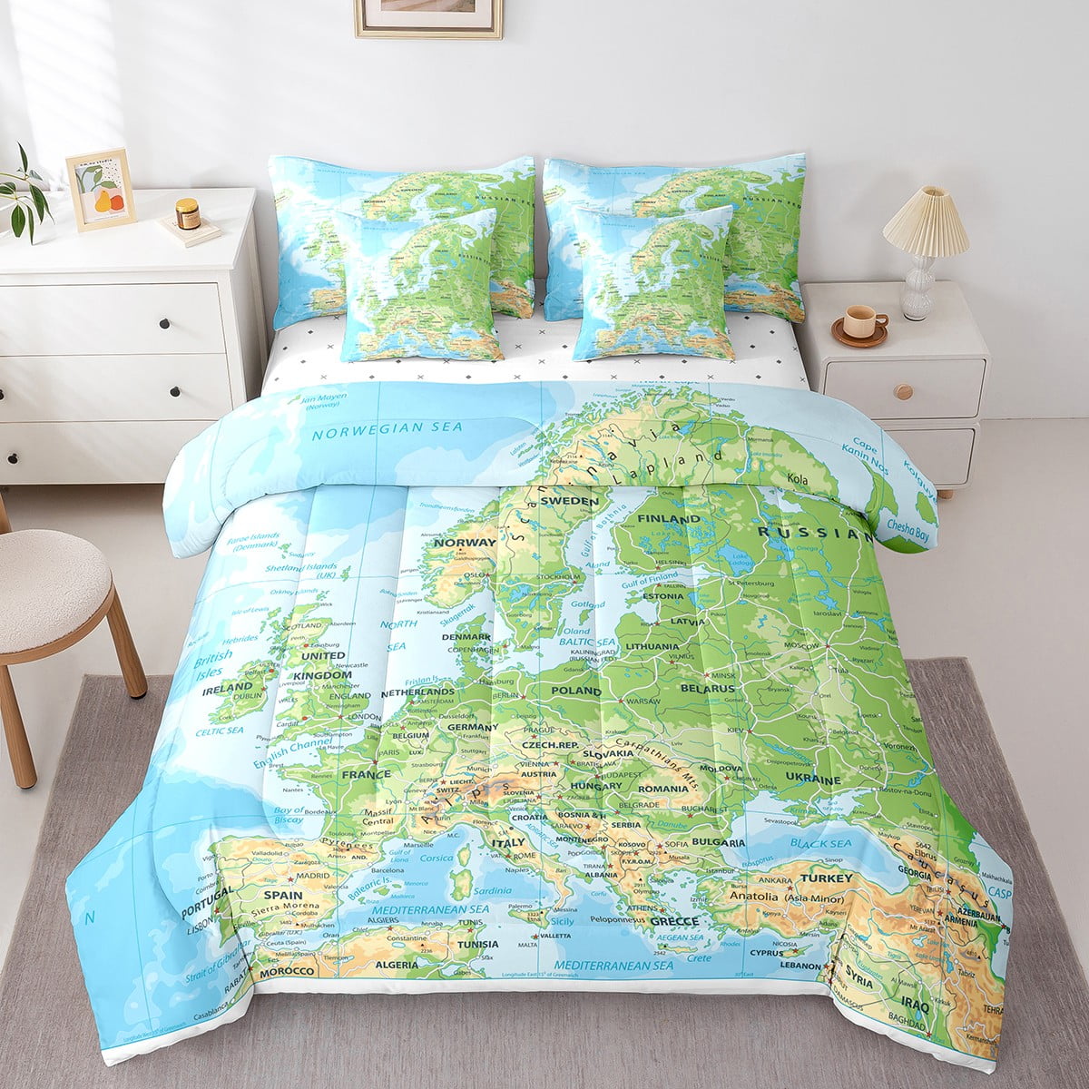 YST World Map 7 Pieces Bed In A Bag, Blue Ocean Comforter, Map Of ...