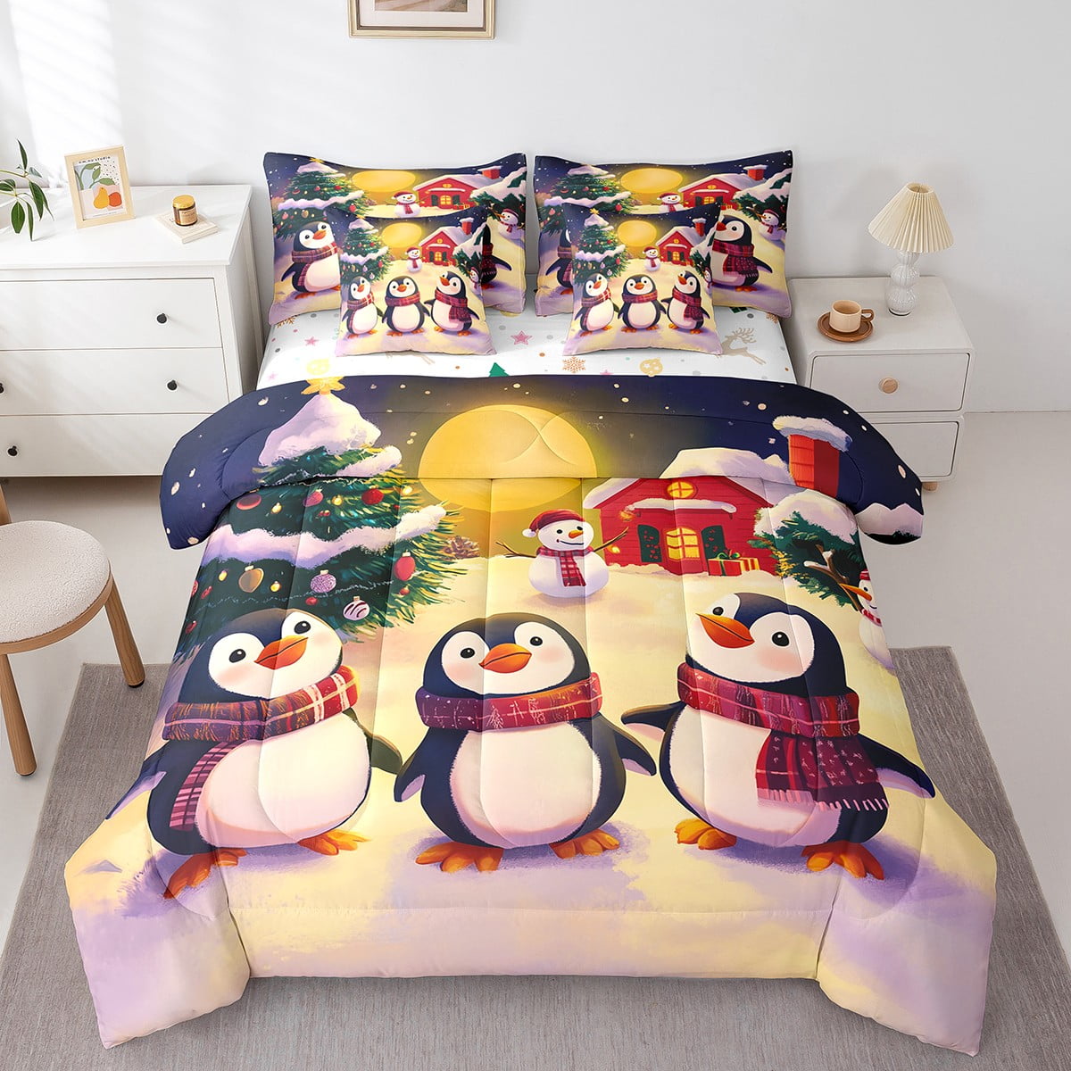 YST Xmas Penguin Bedding Set Cartoon Christmas King Comforter Set 7 Piece Cute Christmas Snowman ...