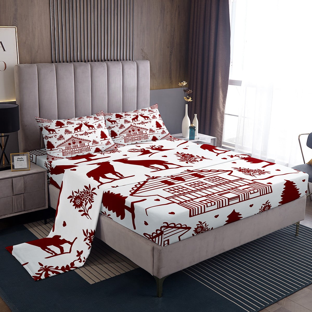 YST Xmas Sheets Christmas Reindeer Floral Print Bed Sheets Set ...