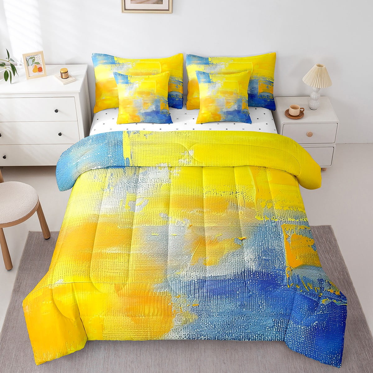 YST Yellow Abstract Grunge Bedding Set 7pcs Aesthetic Oil Painting Twin ...