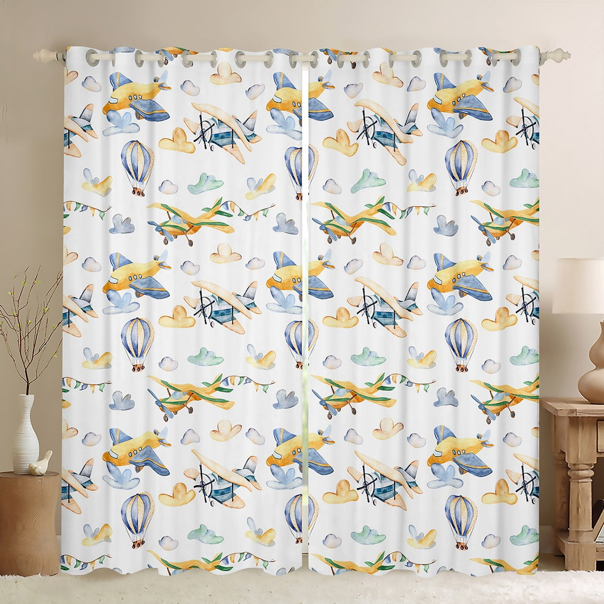 YST Yellow Airplane Curtains Rainbow Clouds Curtains & Drapes ...