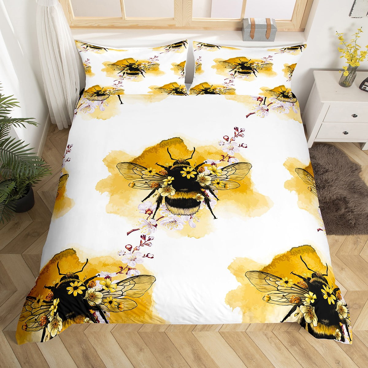 Erosebridal Yellow Bee Bedding Set Queen,Flower Bee Comforter Cover for ...