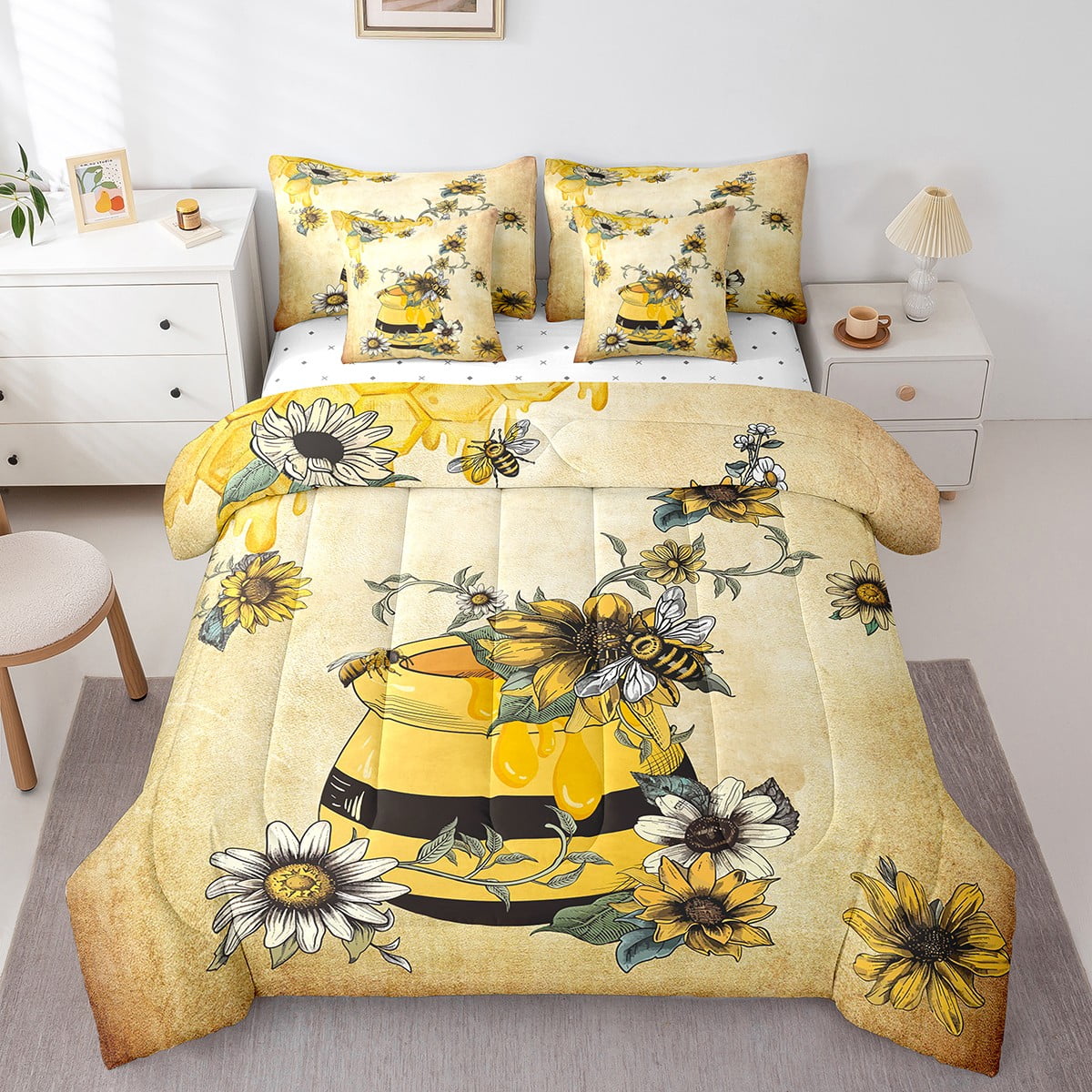 Yellow Bee Bedding Set,Sweet Honey Can 7 Piece Comforter Set for Teens ...