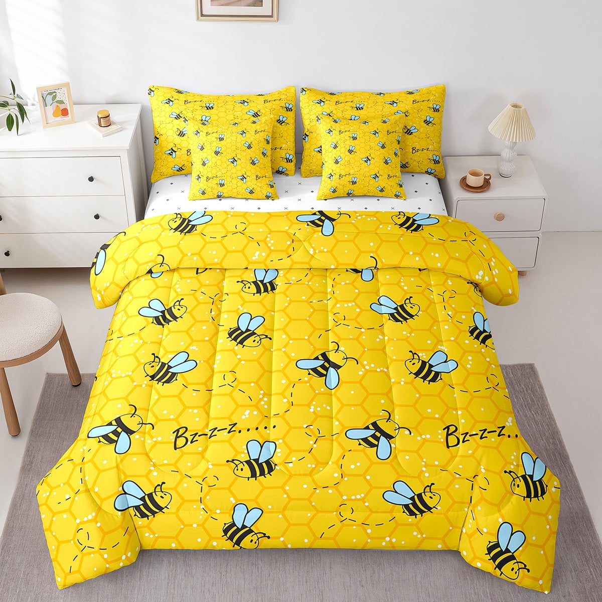 Erosebridal Yellow Bee Comforter Set 7 Piece Full,Vibrant Honeycomb Bee ...