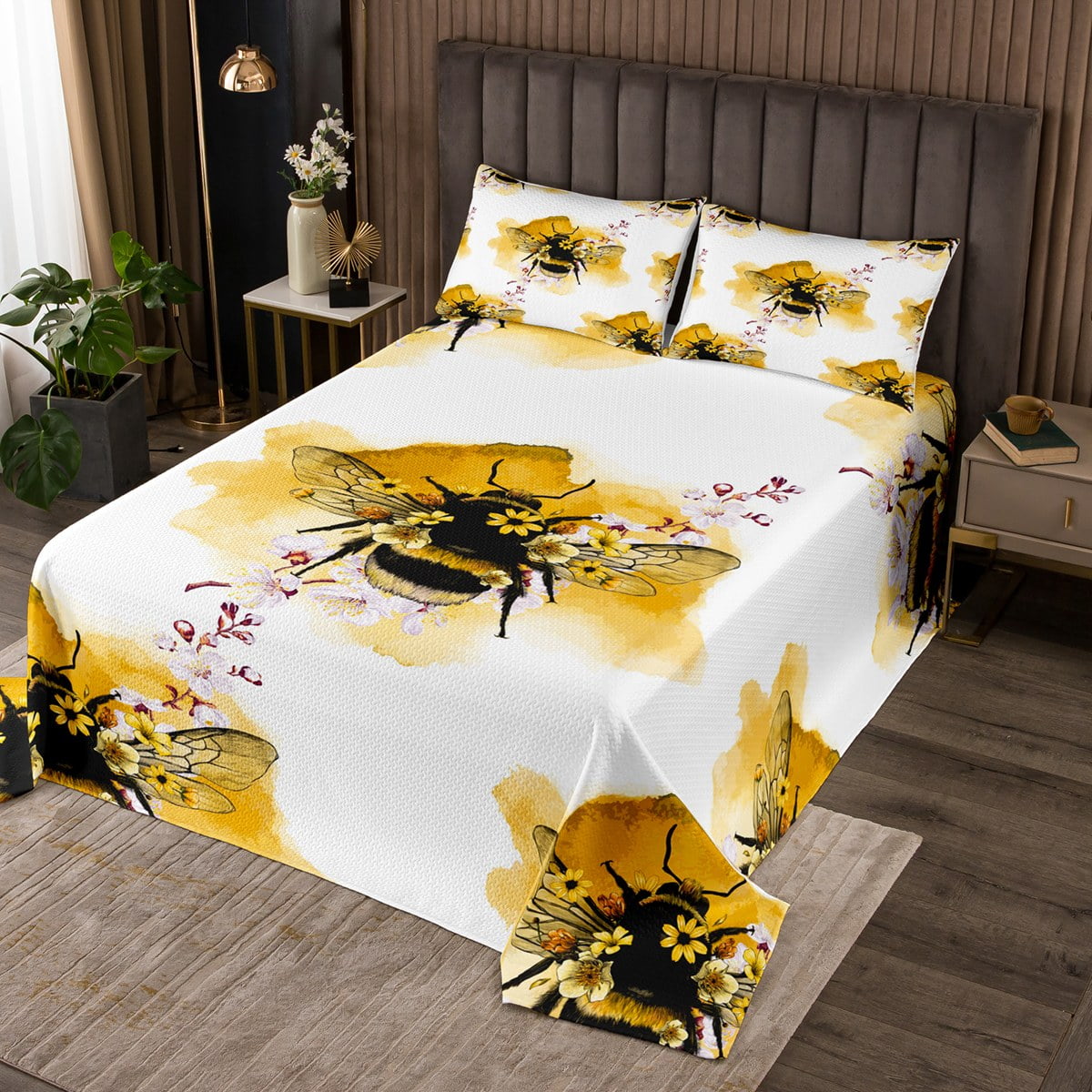 Erosebridal Yellow Bee Coverlet Set Queen,Flower Bee Quilt Set for ...