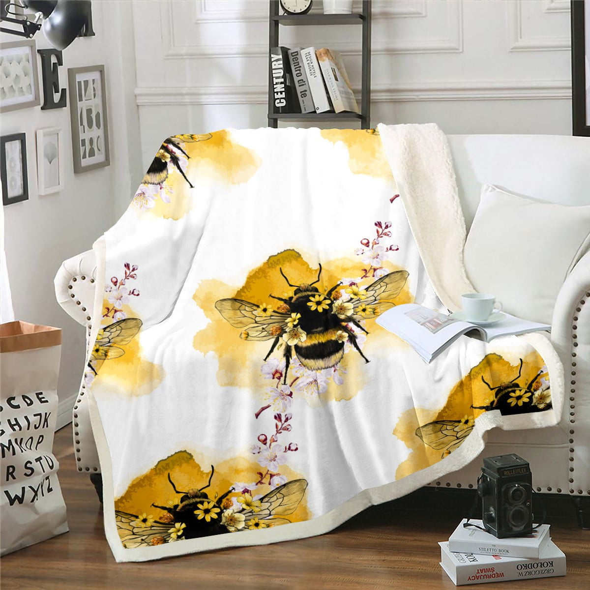 Yellow Bee Fleece Blanket ,Flower Bee Fuzzy Blanket for Teens ,Daisy ...