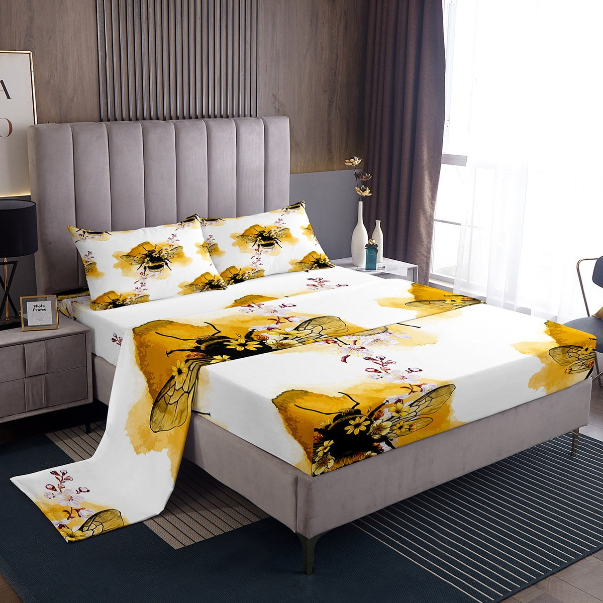 Yellow Bee Sheets Queen,Flower Bee Sheet Set for Teens ,Daisy Floral ...