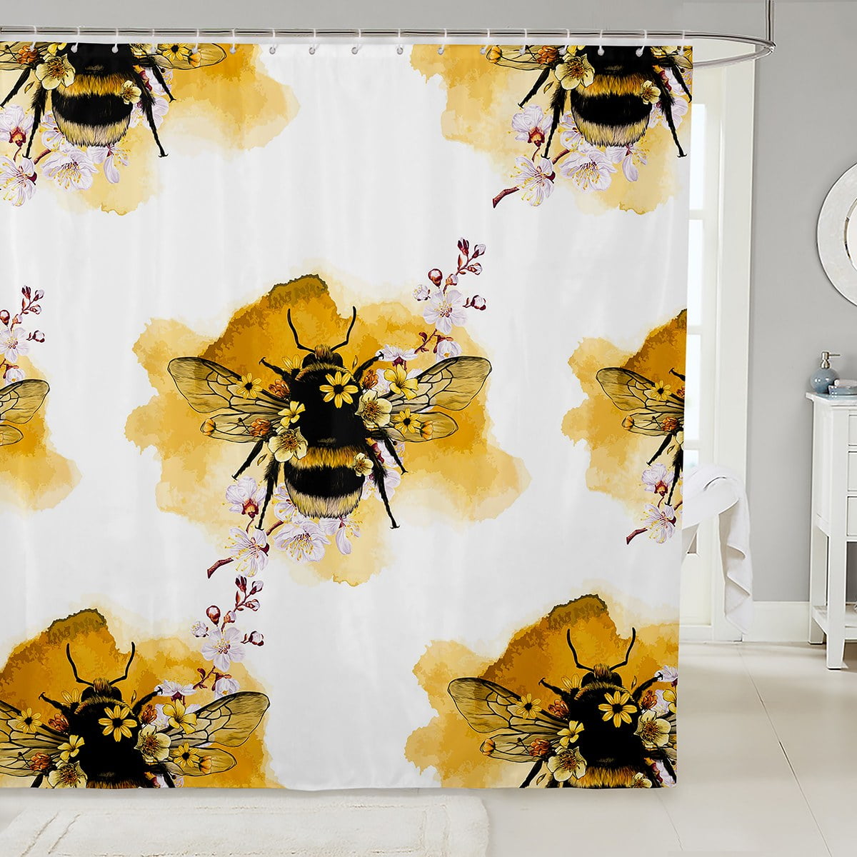 Yellow Bee Shower Curtain,Flower Bee Fabric Shower Curtain for Teens ...