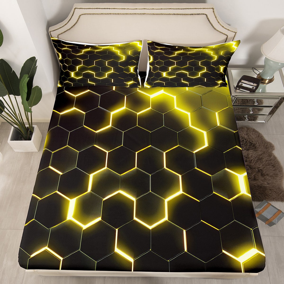 YST Yellow Black Geometric Bed Sheets Neon Hexagon Honeycomb Fitted ...