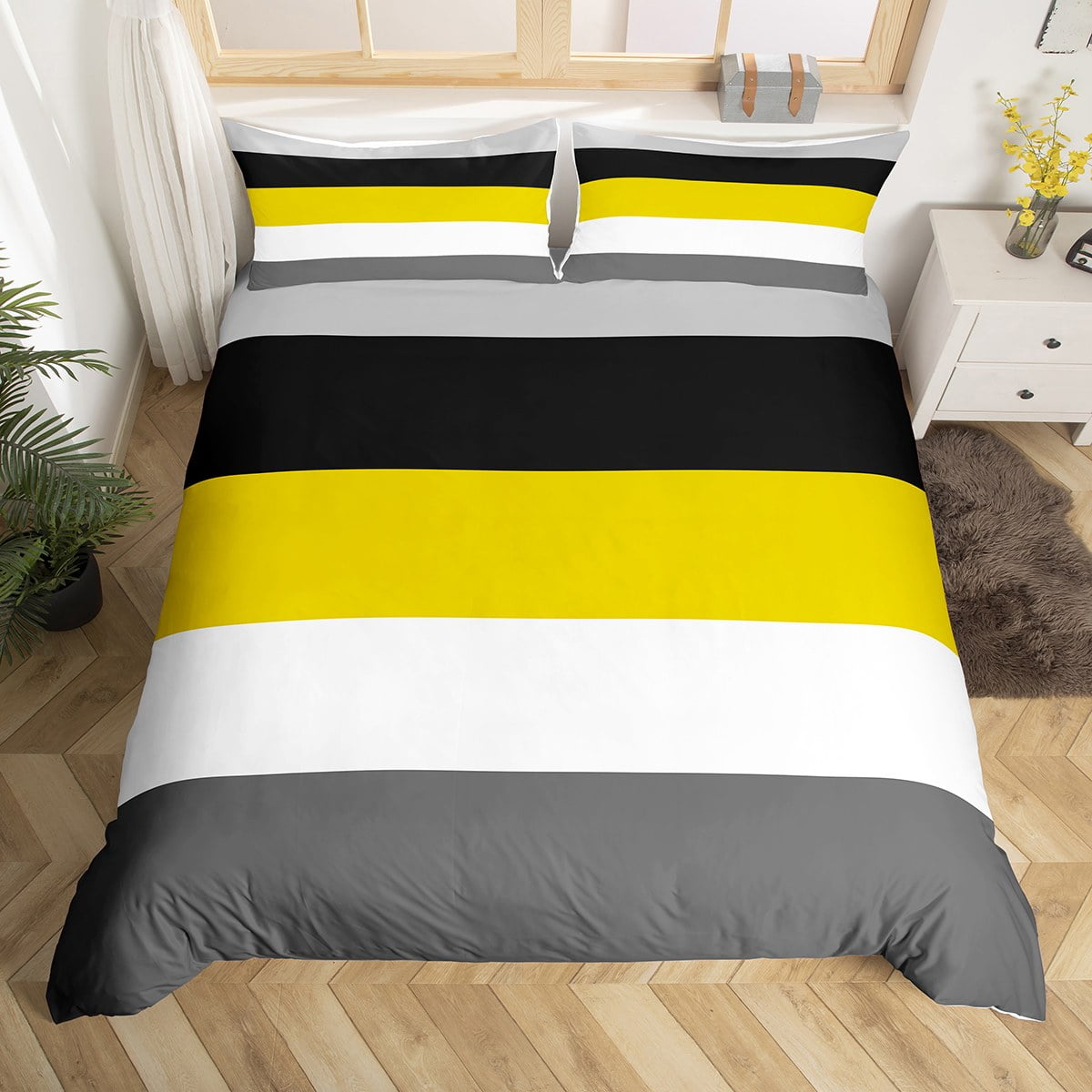 YST Yellow Black Grey Bedding Set Geometric Striped Duvet Cover Full ...