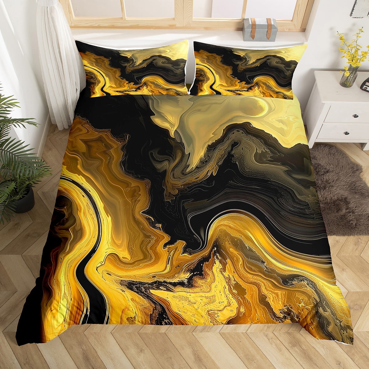 Yellow Black Marble Bed Set Modern Abstract Art Duvet Cover, Aesthetic ...
