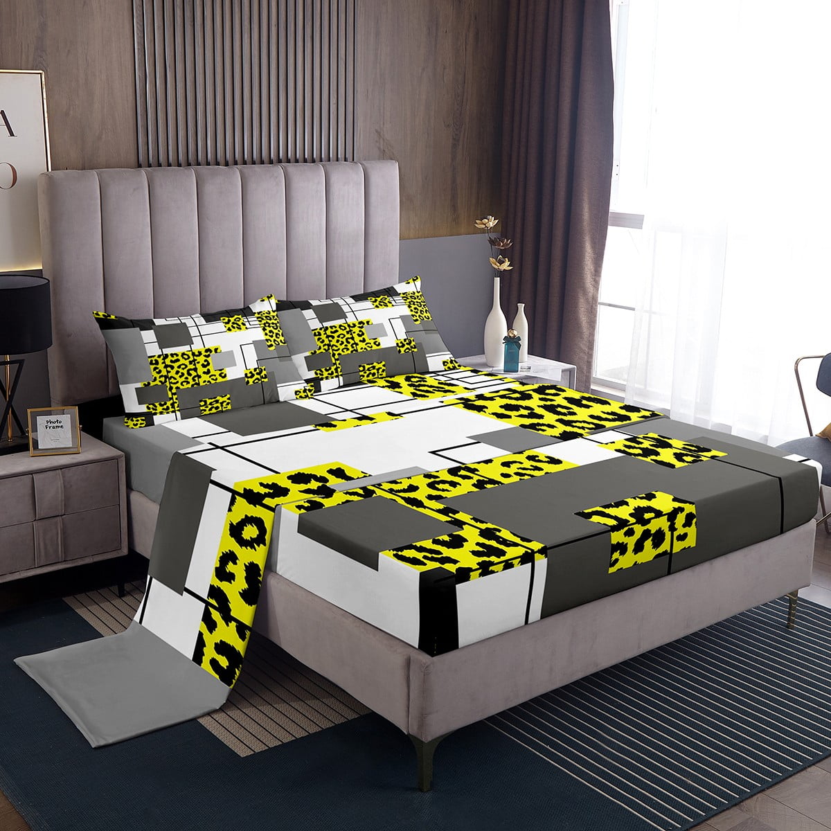 YST Yellow Cheetah Bedding Set Grey Black Geometric Leopard Sheet Set ...