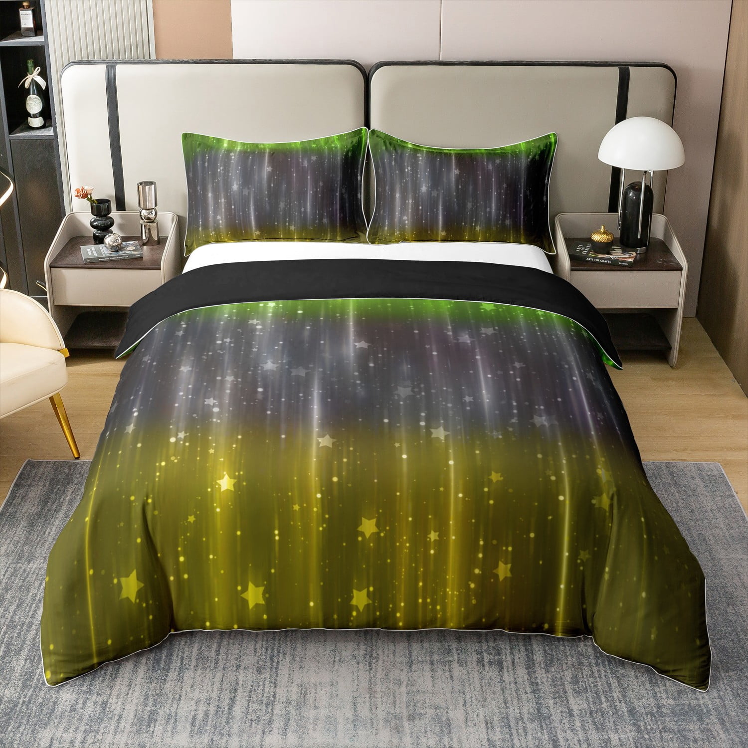 Yellow Green Gradient King Duvet Cover,Glowing Lines Ombre Bedding Set ...