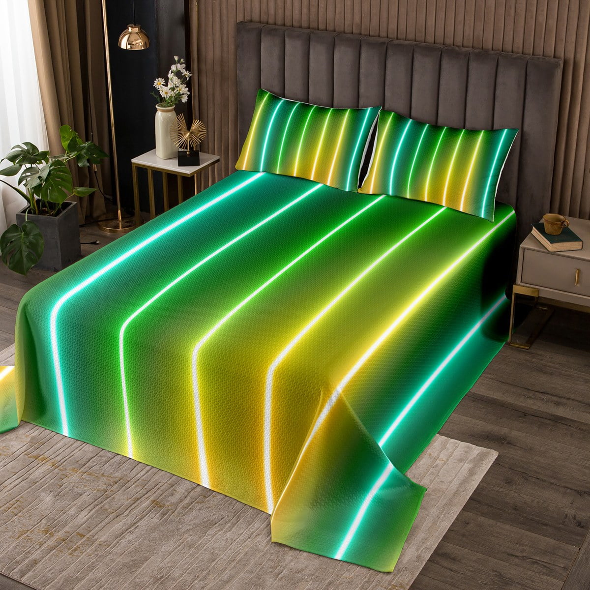 Yellow Green Teal Bedspread Set King Ombre Abstract Quilt Set ,Neon ...