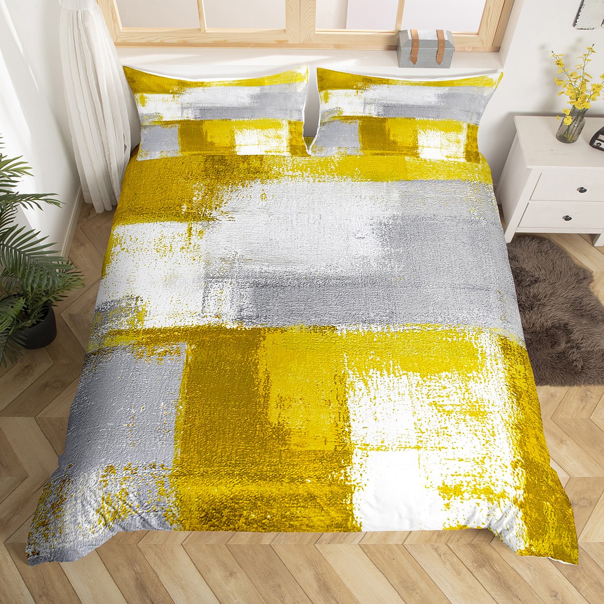 YST Yellow Grunge Bed Set Gray Abstract Duvet Cover, Watercolor ...