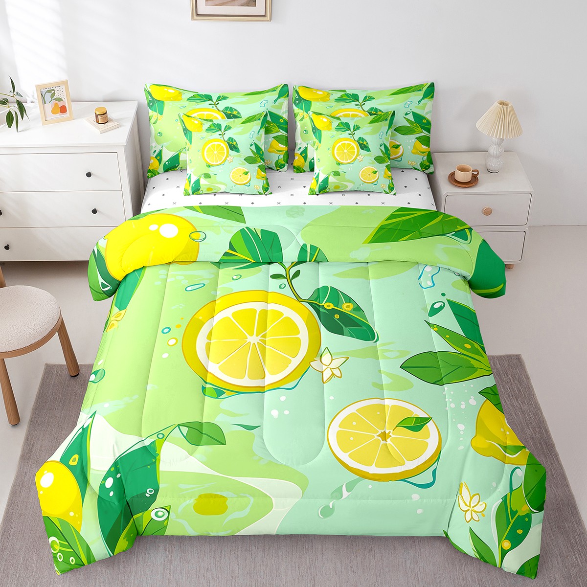 Yellow Lemon Bedding King Size 7pcs Tropical Fruit Comforter Set,White ...