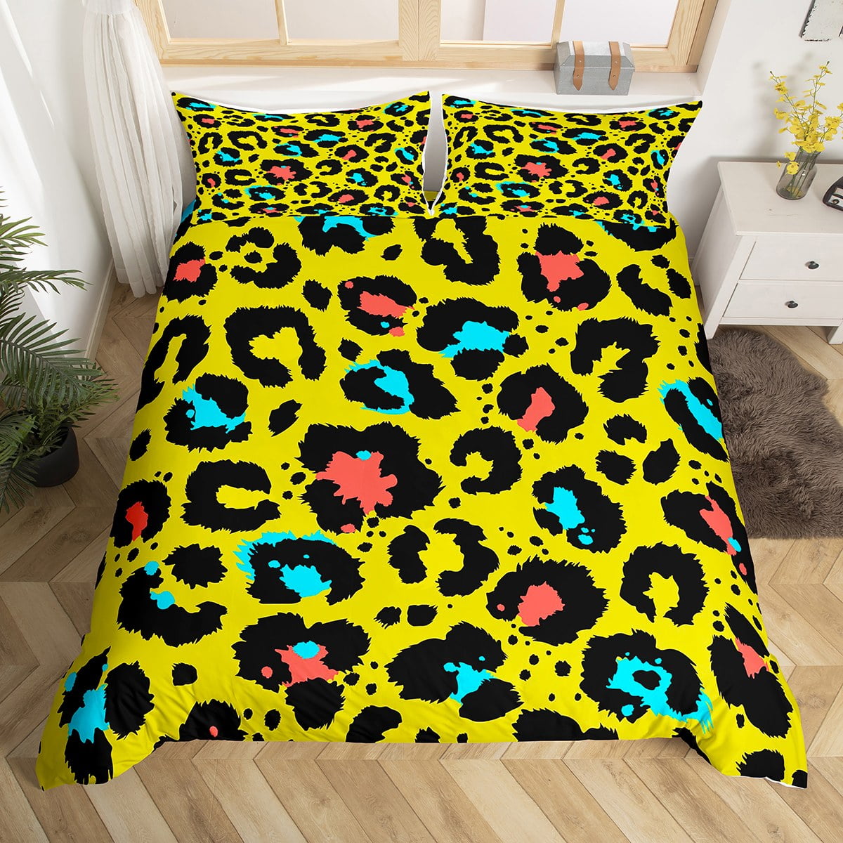 YST Yellow Leopard Print Bed Set Cheetah Print Duvet Cover, Wild Animal ...