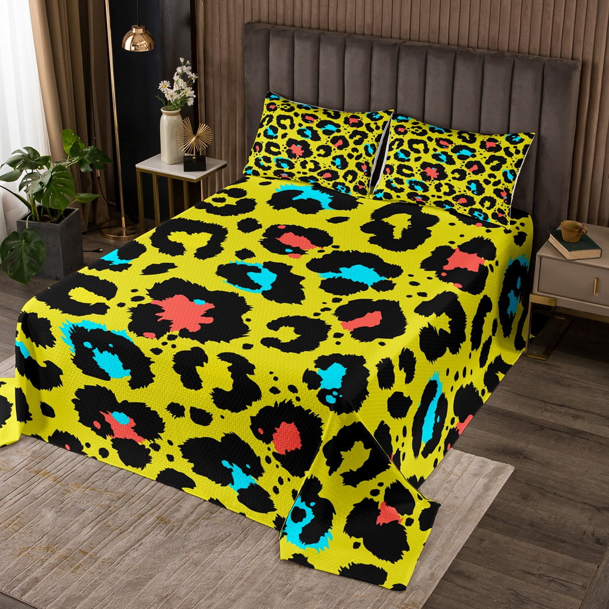 YST Yellow Leopard Print King Quilt Set Cheetah Print Coverlet Set ...