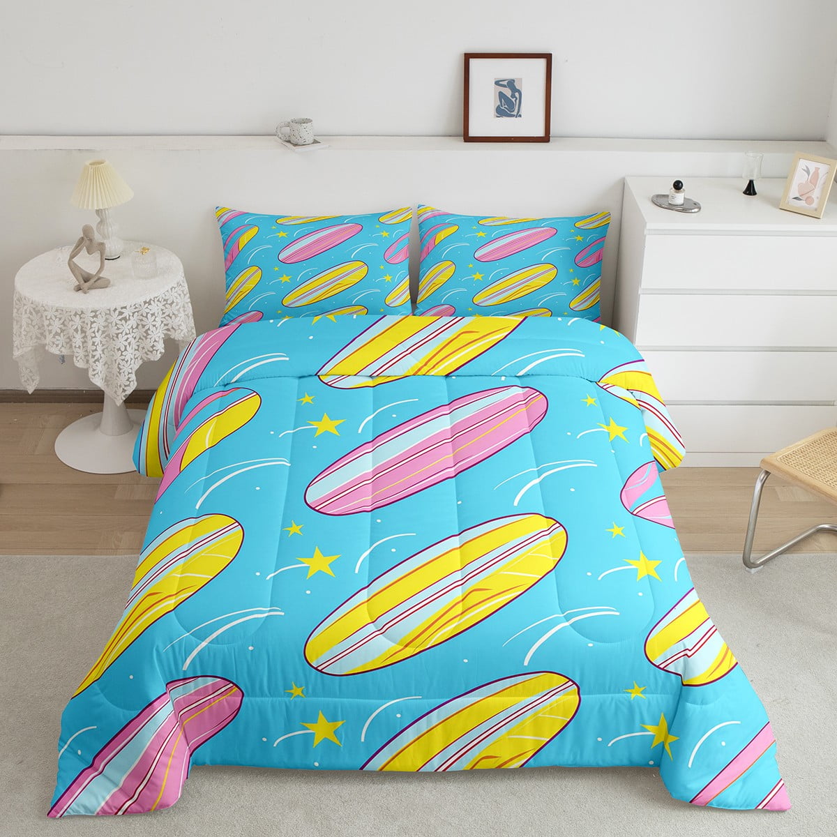 Erosebridal Yellow Pink Teal Surfboard Comforter Set Full,Coastal Beach ...