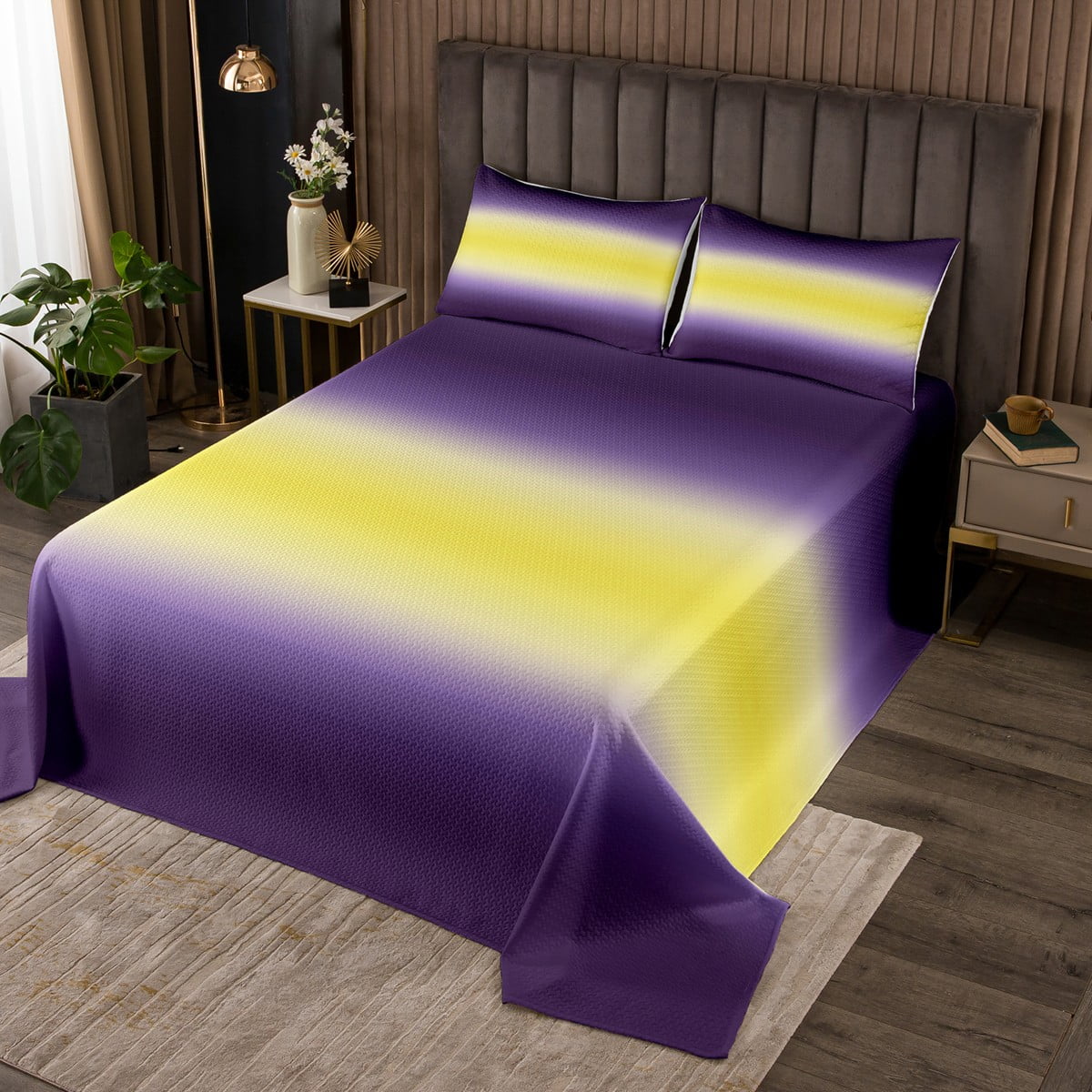 YST Yellow and Purple Quilt Set Watercolor Rainbow Colorful Coverlet ...