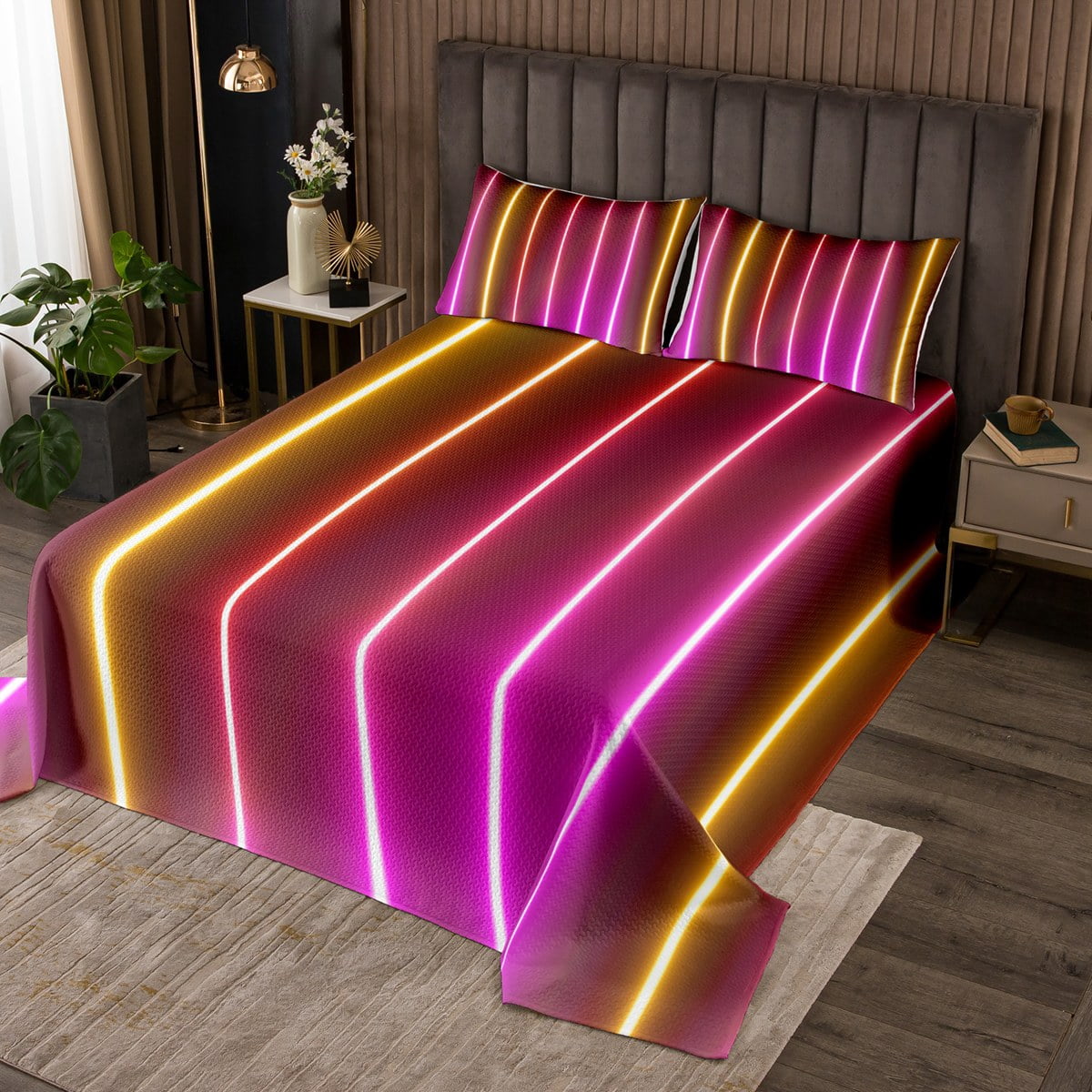 Yellow Red Pink Bedspread Set King Ombre Abstract Art Quilt Set for ...