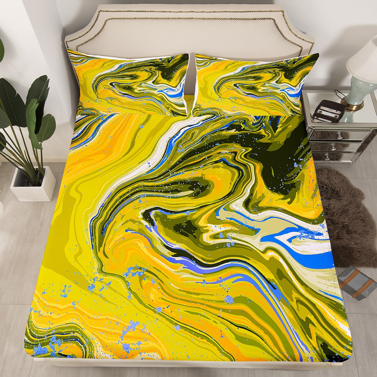 YST Yellow Swirl Full Sheets Gold Marble Bed Sheets Psychedelic Stone ...