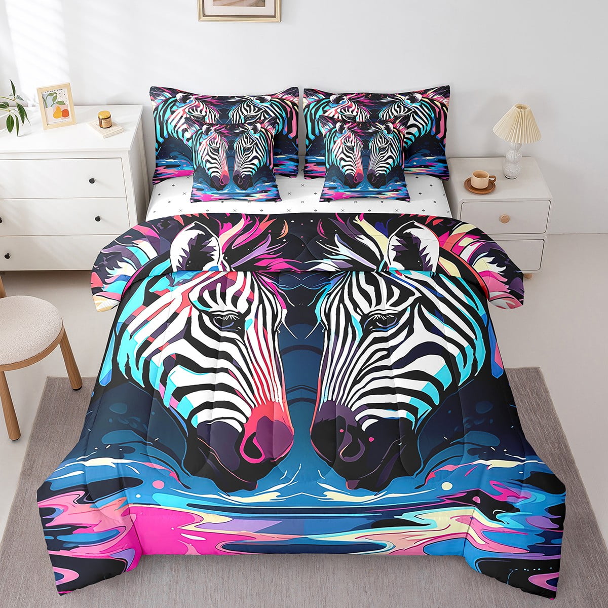 YST Zebra Comforter Set Full 7 Piece,Grassland Animal Bed In A Bag With ...