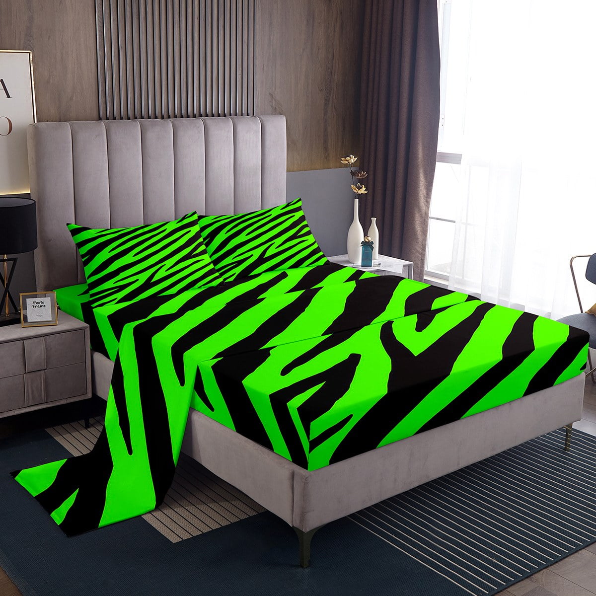 YST Zebra Print Bed Set Black and Green Bed Sheets Set, Wild Animal ...