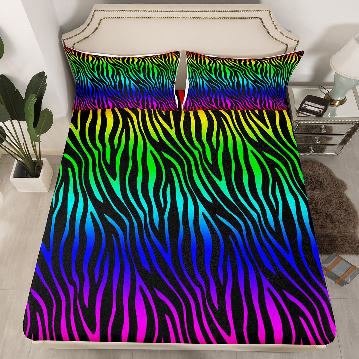 Zebra Print Bed Sheets Rainbow Gradient Fitted Sheet Twin Size, Wild ...