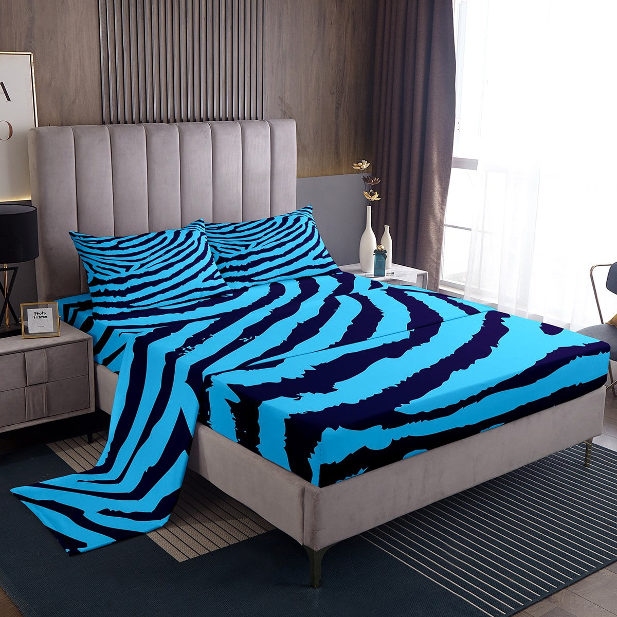 YST Zebra Print Bed Sheets Set Black and Blue Full Size Sheet Sets ...