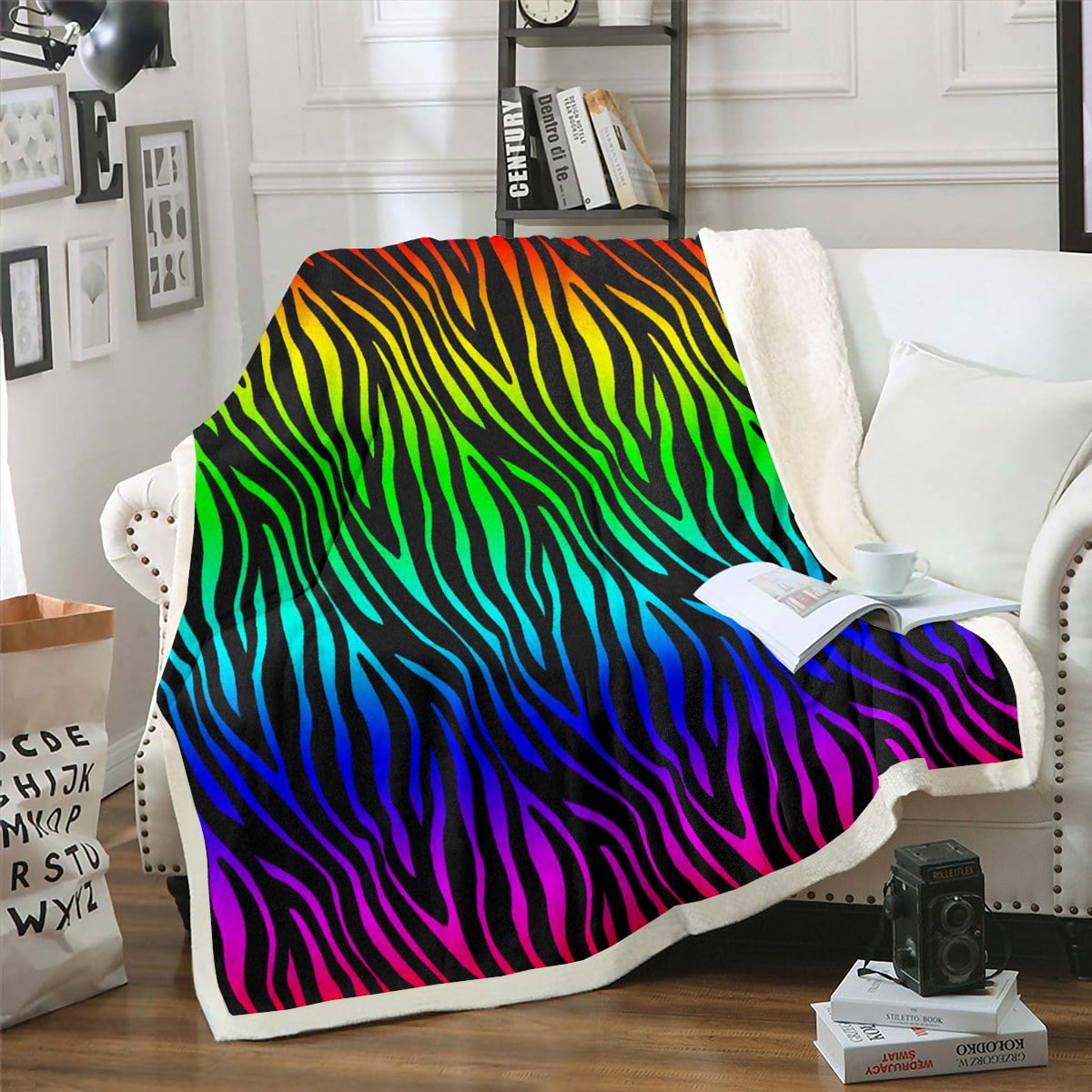 Zebra Print Blanket Rainbow Gradient Throw Blanket for Bed, Wild Animal ...