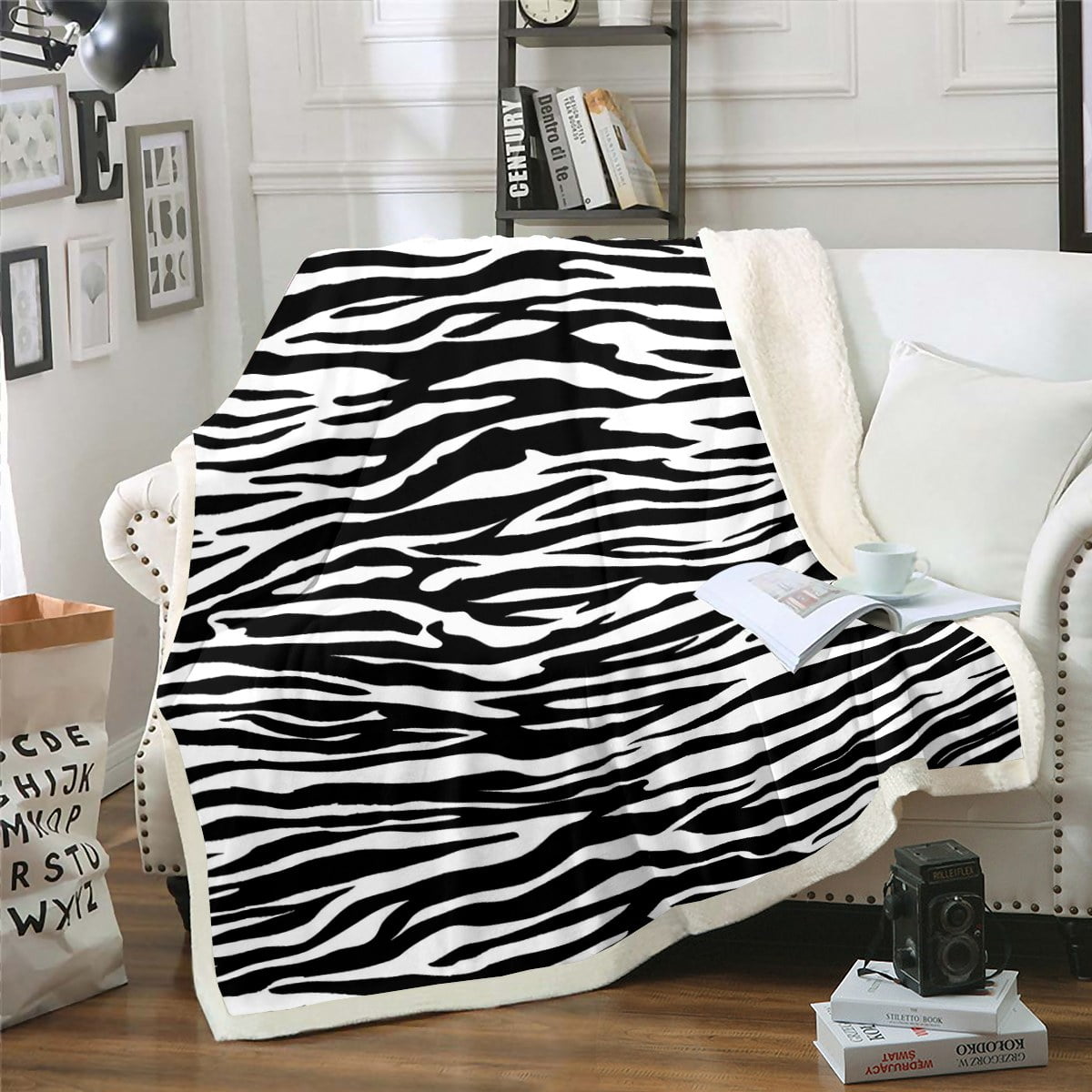 YST Zebra Print Fleece Blanket Black and White Sherpa Blanket, Wild ...