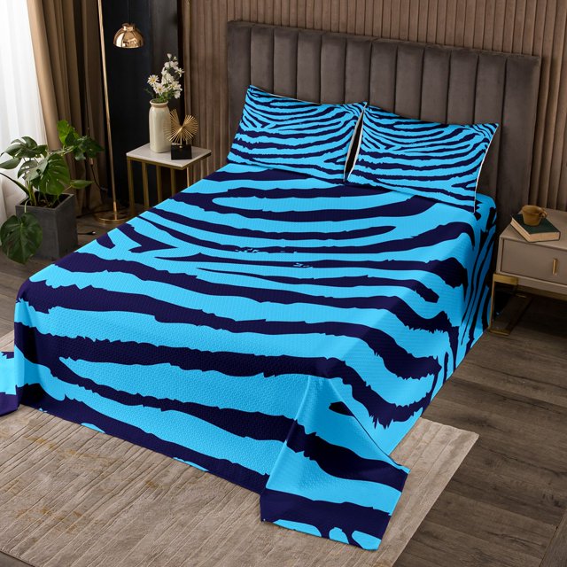 YST Zebra Print King Quilt Set Black and Blue Coverlet Set, Wild Animal ...