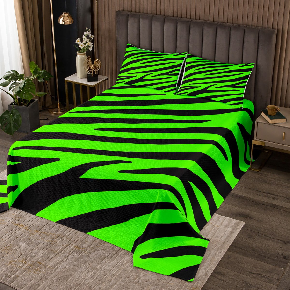 YST Zebra Print King Quilt Set Black and Green Coverlet Set, Wild ...