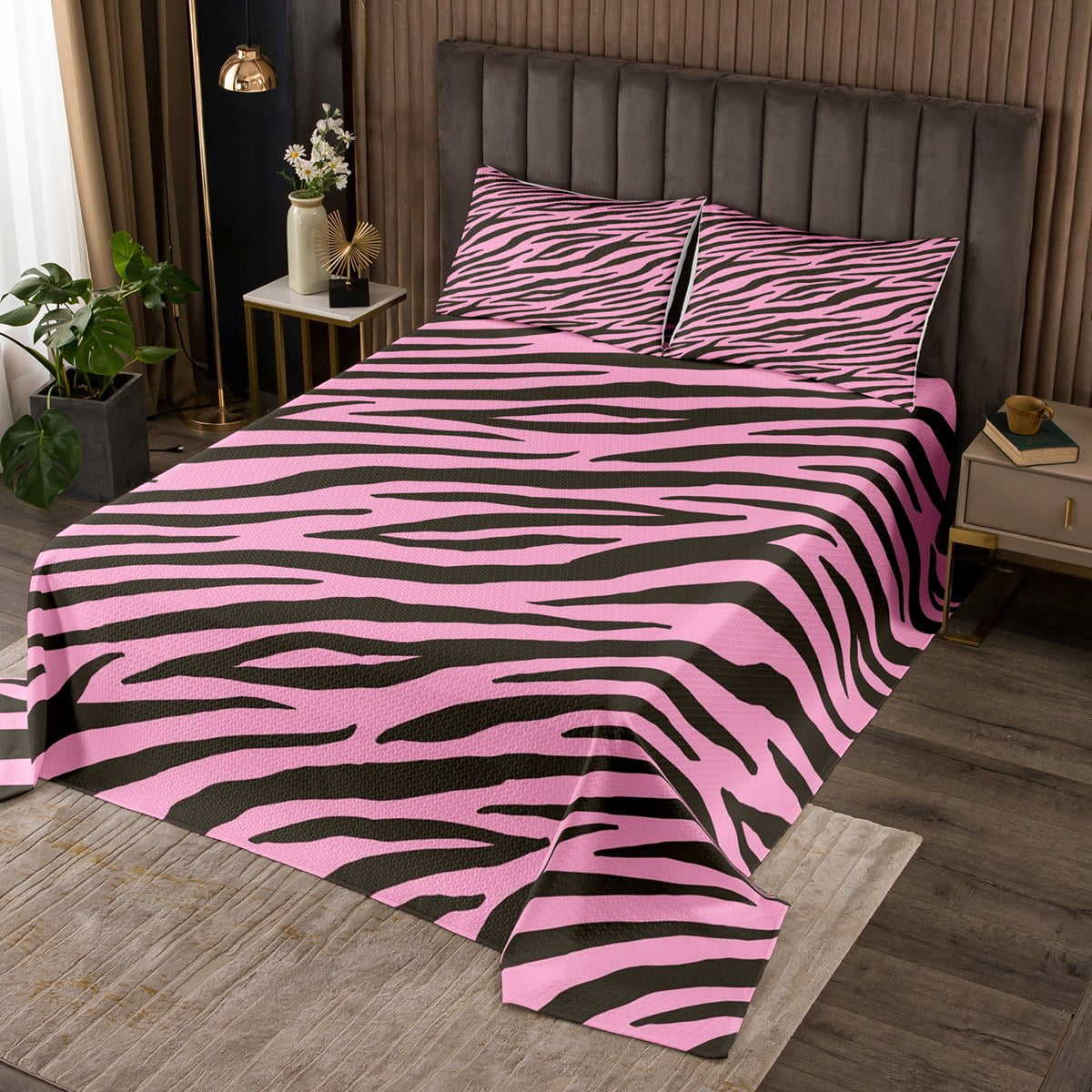 YST Zebra Print Queen Quilt Set Black Pink Coverlet Set, Animal Printed ...