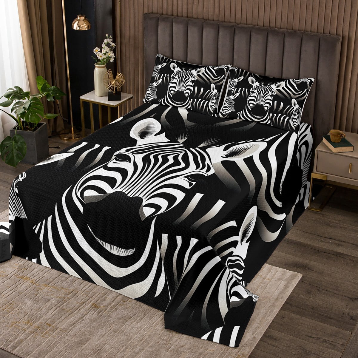 Zebra Print Queen Quilt Set Black And White Bedspread Set,Woodland ...