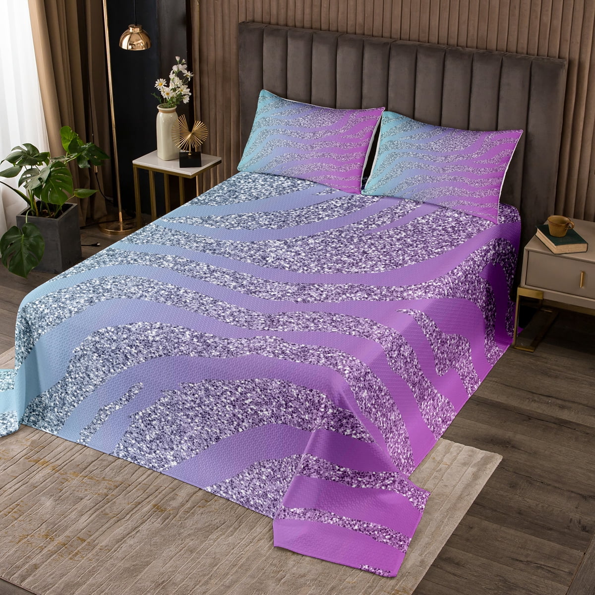 YST Zebra Print Queen Quilt Set Blue Purple Gradient Coverlet Set ...