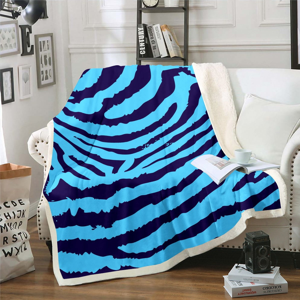 YST Zebra Print Sherpa Blanket Black and Blue Blanket, Wild Animal ...
