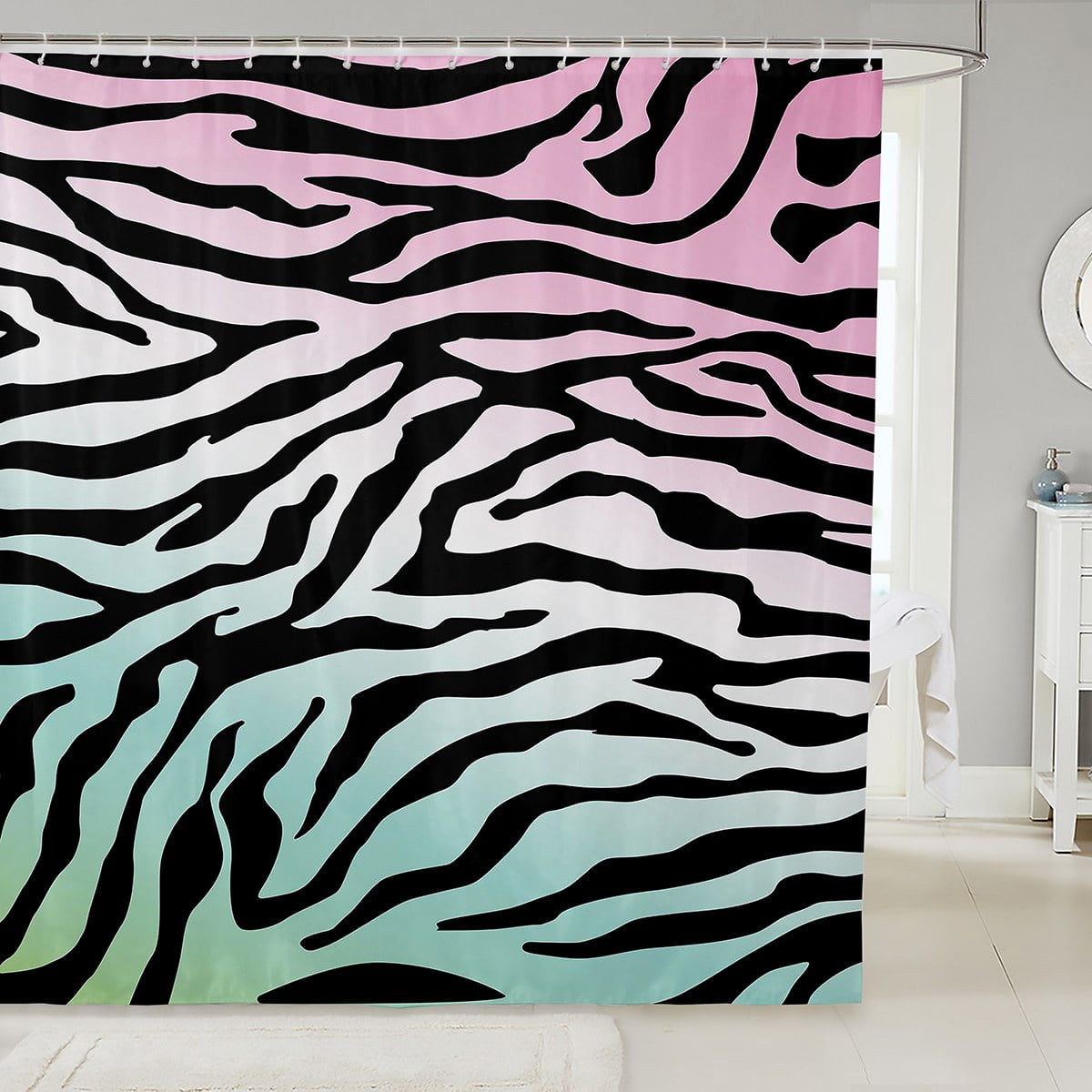 YST Zebra Print Waterproof Bathroom Curtain Black Rainbow Bath Curtain ...