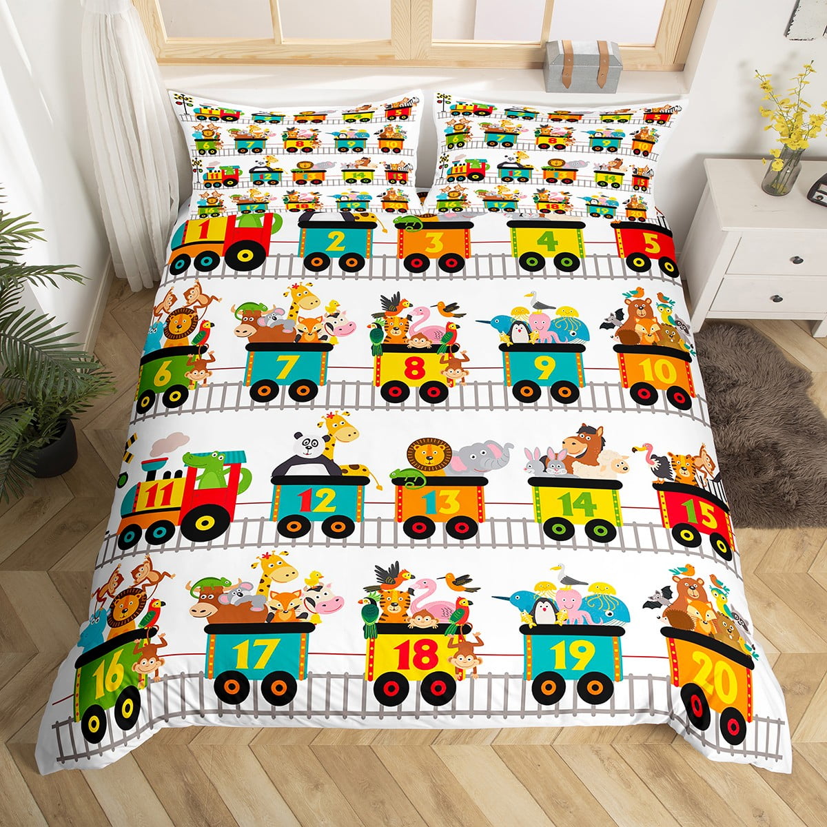 YST Zoo Animals Bedding Sets Full for Kids Toddler Cartoon Train ...