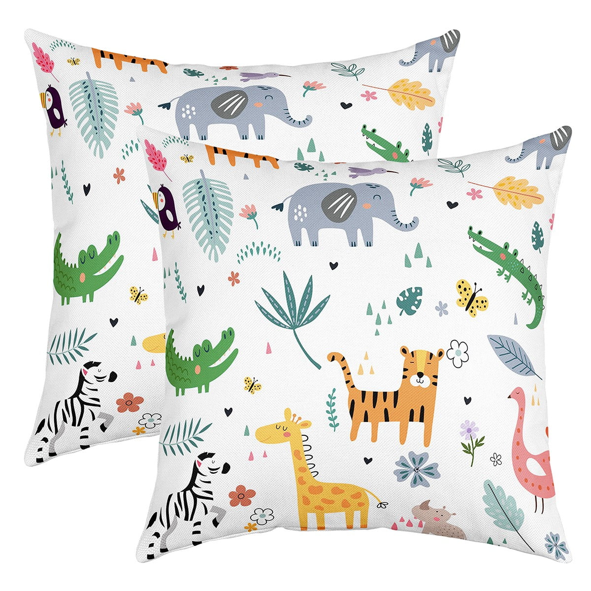 Zoo Animals Pillow Covers 18x18 inch set of 2 Cute Tiger Giraffe Zebra ...