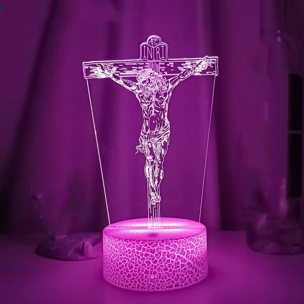 YSTIAN 3D Jesus Cross Night Light Lamp Illusion 7 Color Changing Touch ...