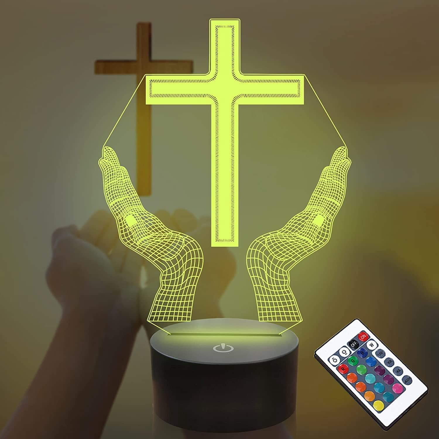 YSTIAN 3D Jesus Cross Remote Control 16 Color Night Lights Illusion ...
