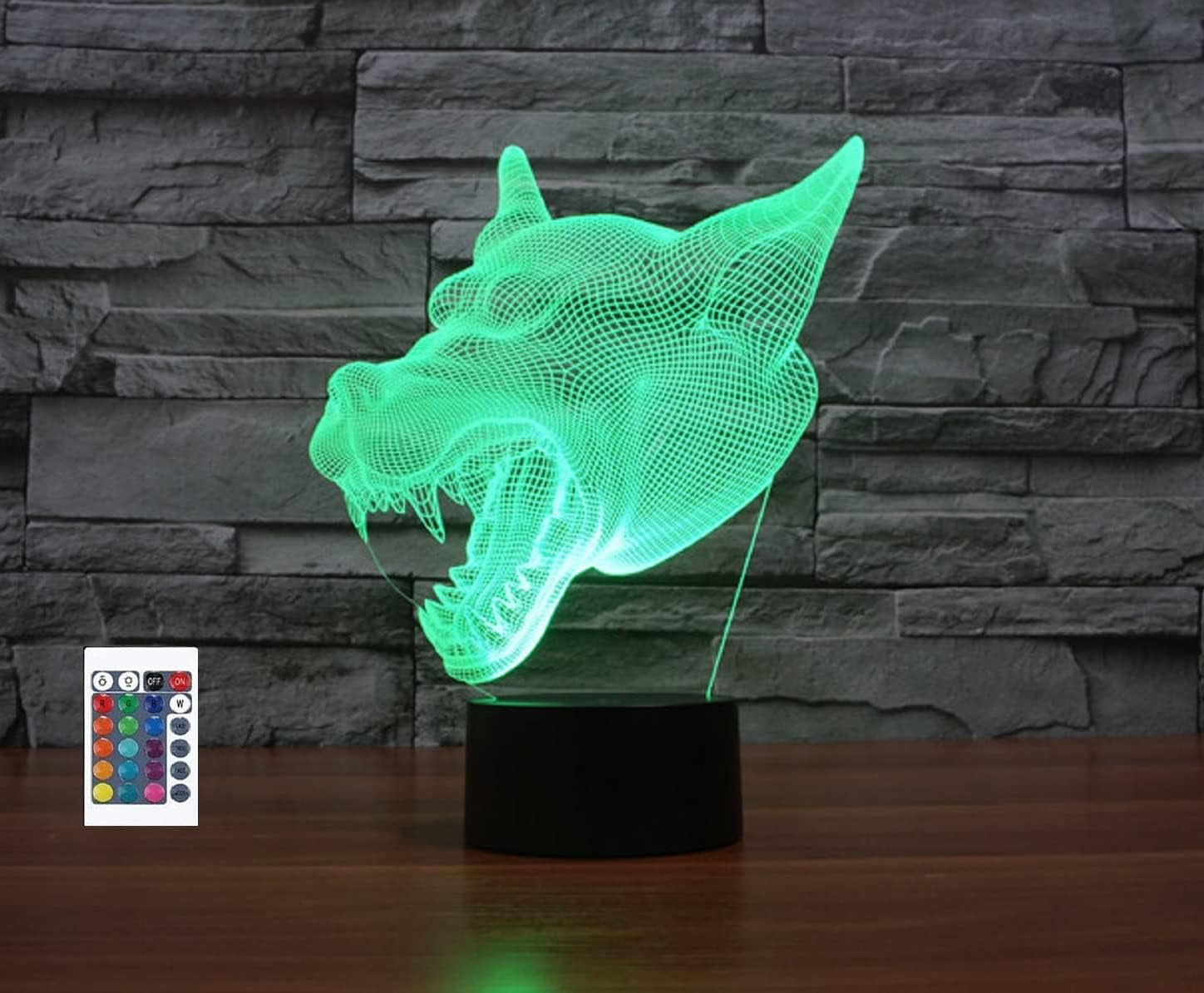YSTIAN 3D Wolf Head Remote Control 16 Color Night Lights Illusion ...