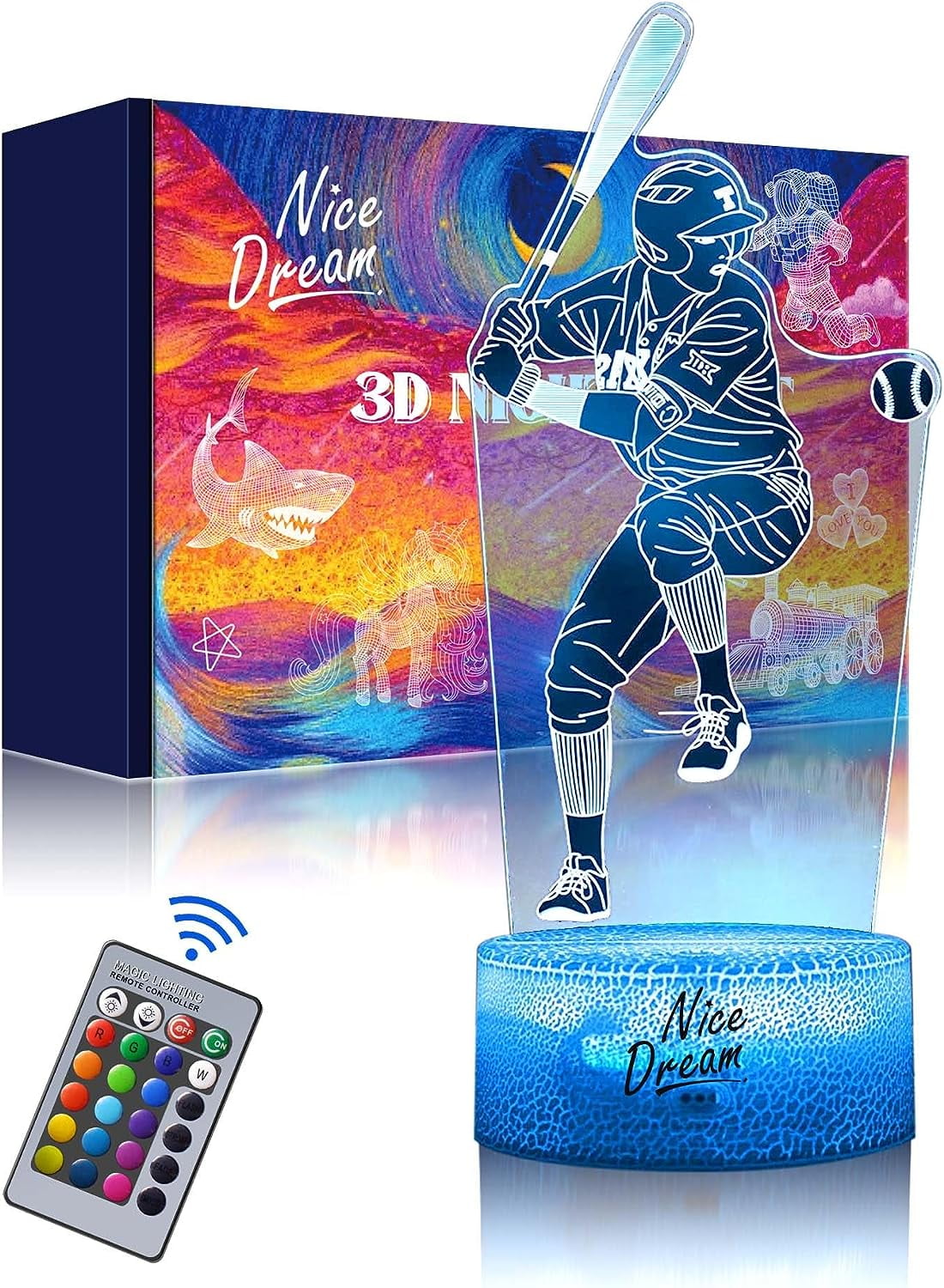 YSTIAN Baseball Player Night Light for Kids, 3D Illusion Night Lamp, 16 ...